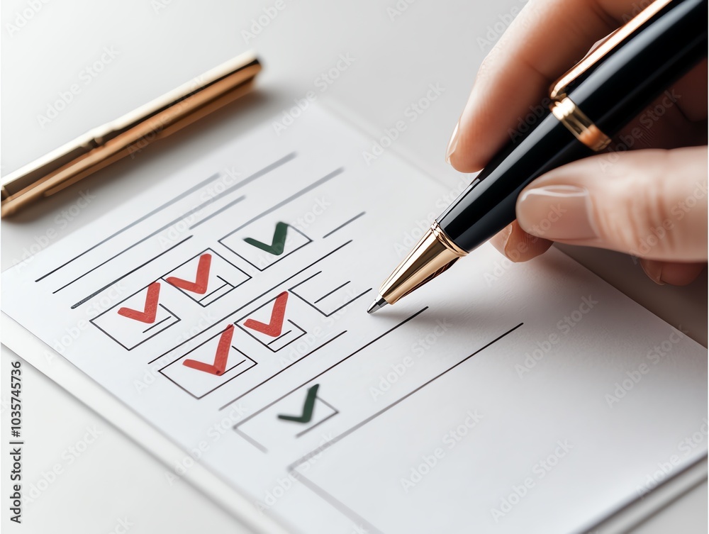 A hand checks off items on a checklist with a pen. The checklist is ...