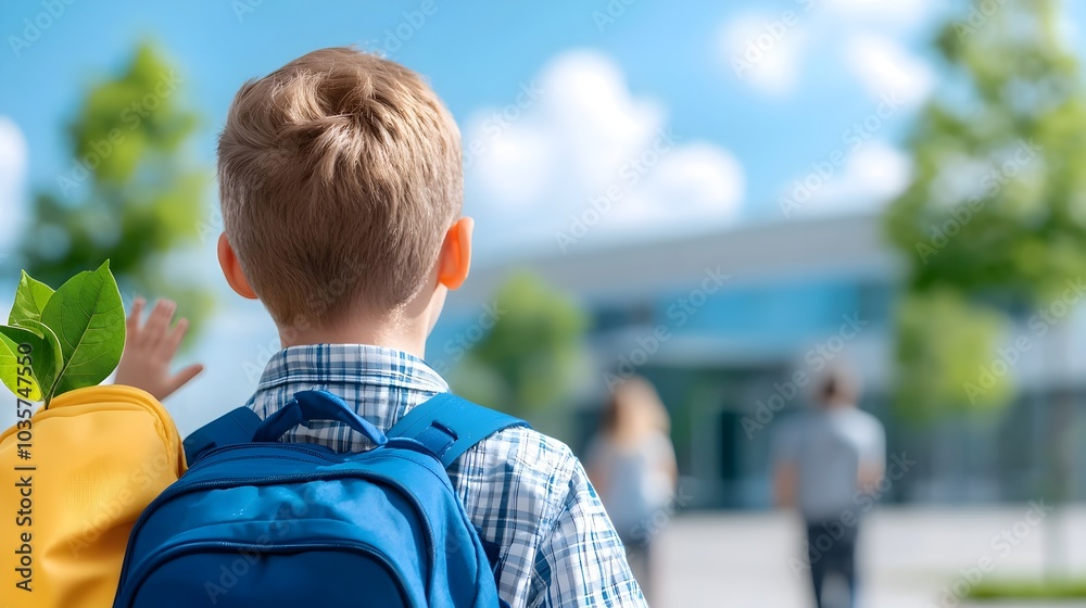 Parents happily waving and saying goodbye to their children as they ...