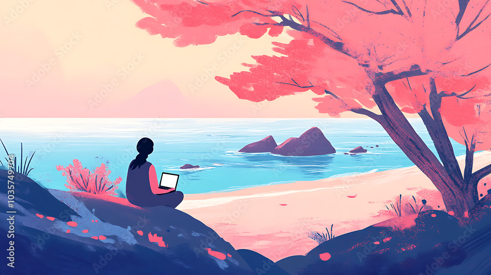 serene beach scene with person sitting peacefully, reviewing their work ...