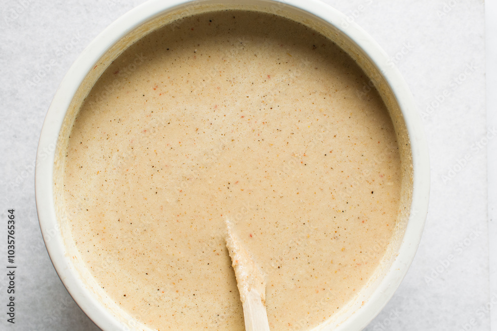 Overhead of moi moi mixture in a white ceramic bowl, top view of ...