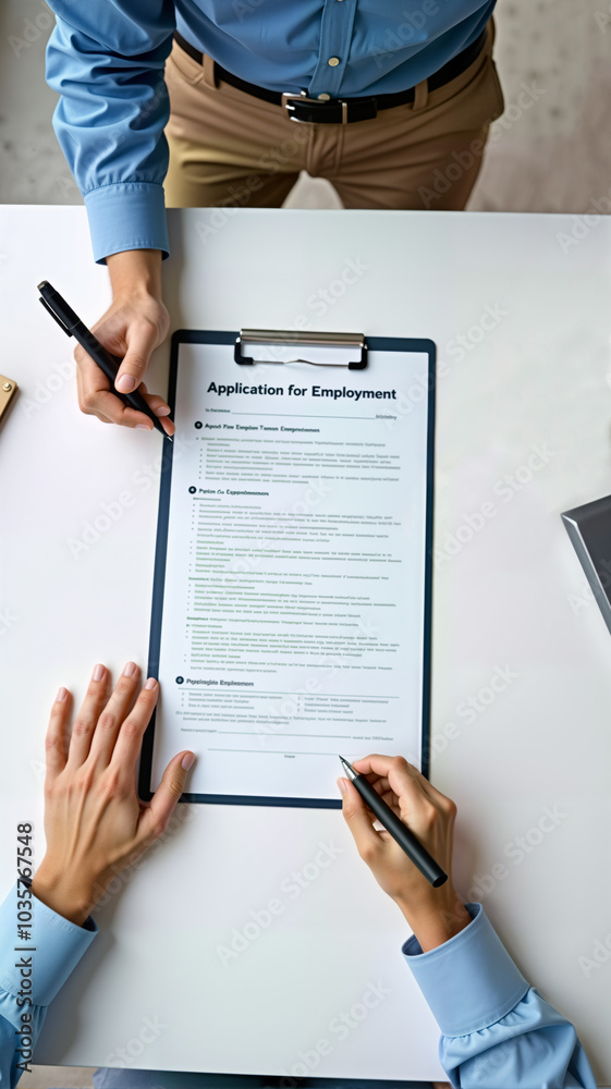 A close-up of hands filling out a job application form, capturing the ...