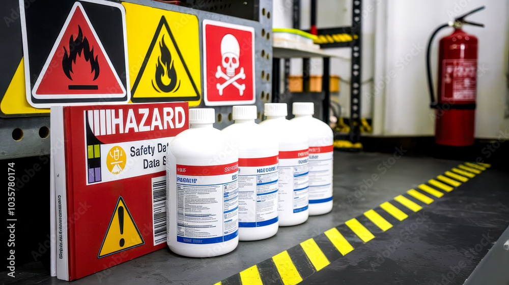 Safety signs, hazardous materials, and fire extinguishers in a storage ...