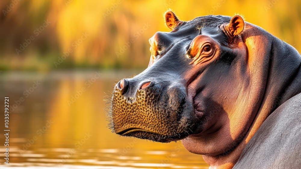 A close-up of a hippo's face, its rough skin highlighted by warm ...