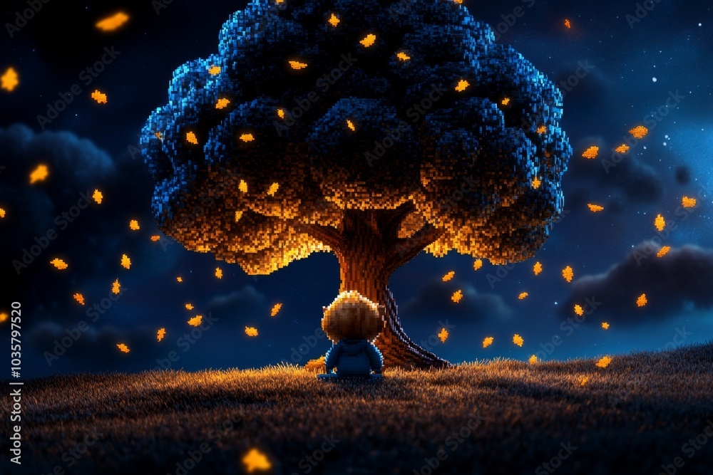Pixel art of a character sitting under a tree, with tiny animated ...