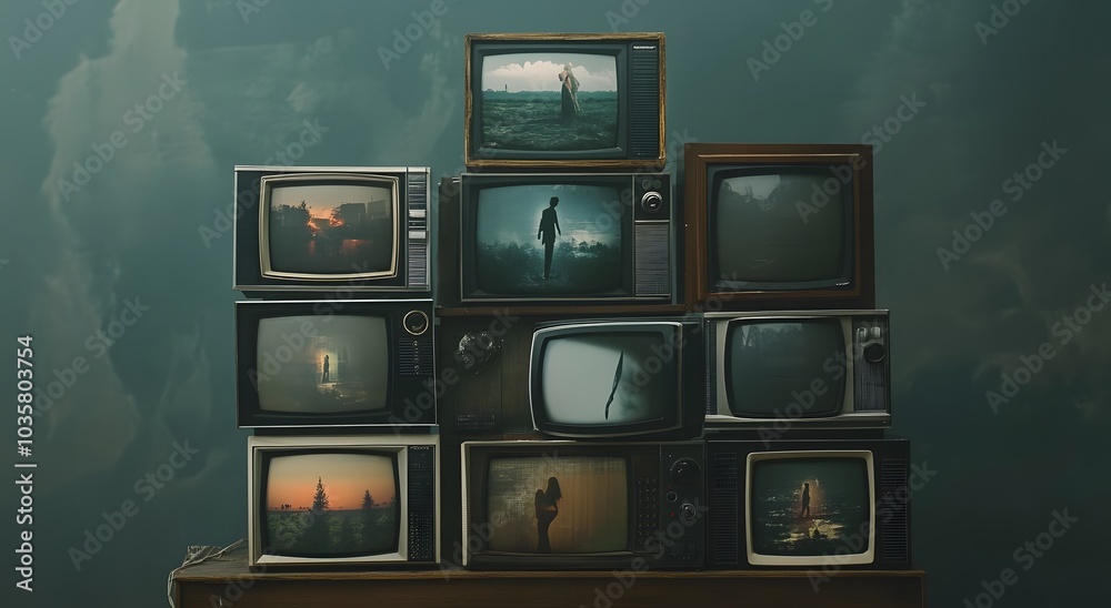 Stacks of old vintage televisions display various nature scenes ...