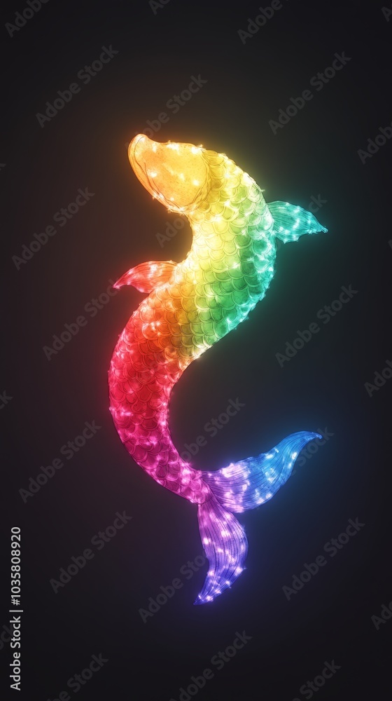 A rainbow-hued fish floats atop a body of water against a black ...