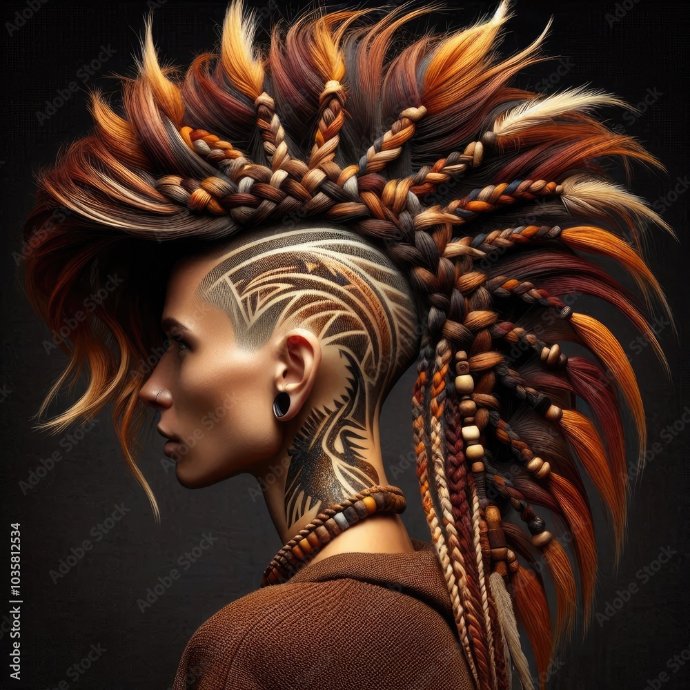 Bold faux hawk hairstyle with shaved tribal patterns, textured twists ...