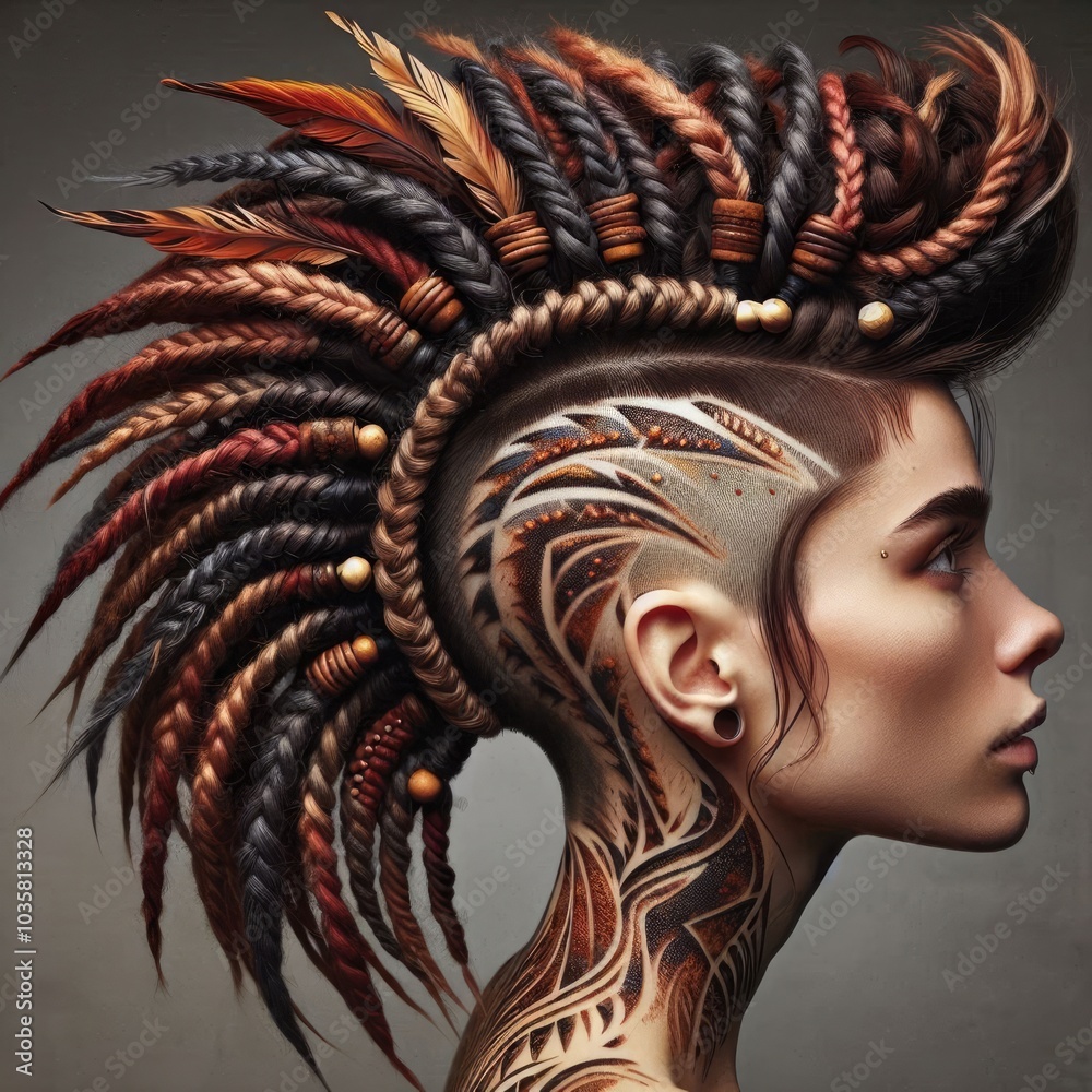 Bold faux hawk hairstyle with shaved tribal patterns, textured twists ...