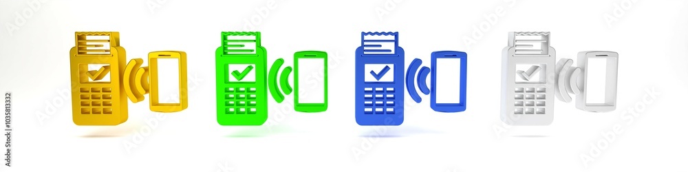 Colorful POS terminal with printed reciept and confirms the payment by ...