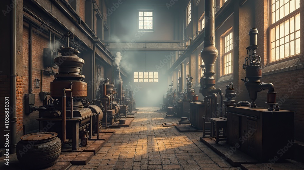 Industrial factory interior with old steam engines in the 19th century ...