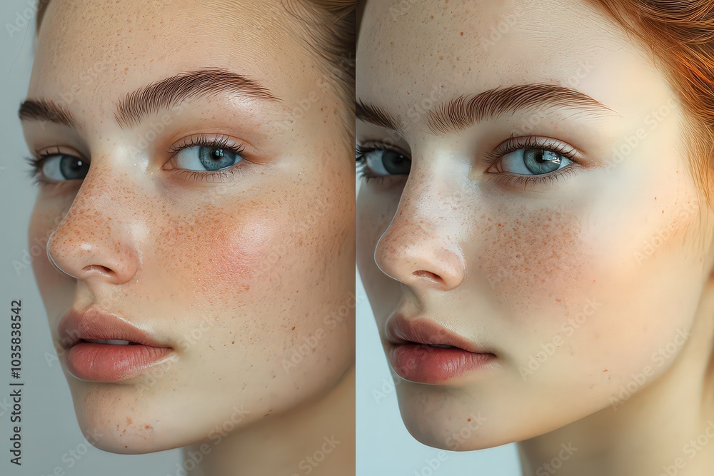 Close-up comparison of a woman's skin before and after skincare ...