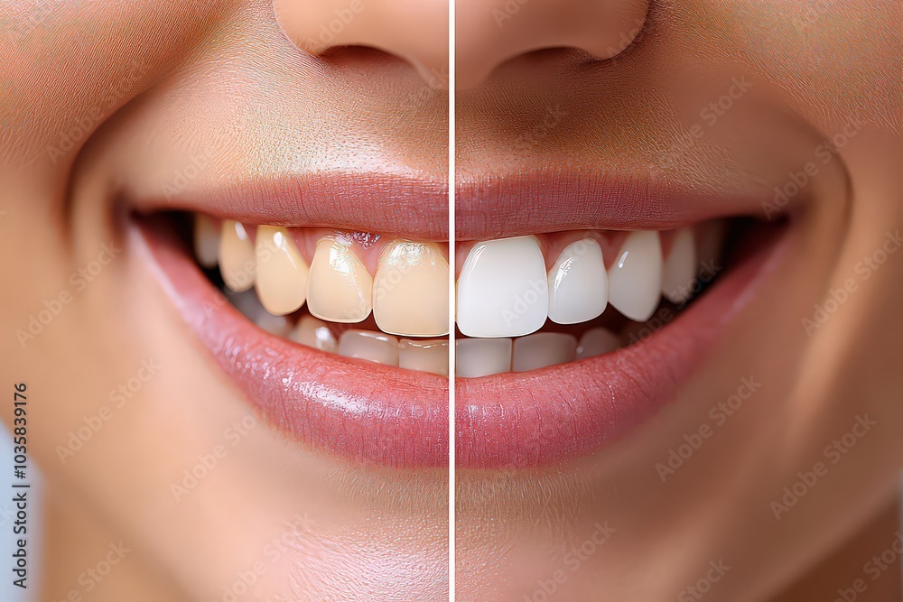Foto de Split-screen of a smile showing gradual whitening: left shows ...