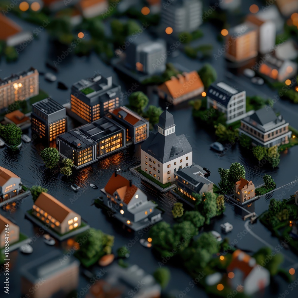 Birds eye view of a city protected by hydraulic systems, flood risk ...