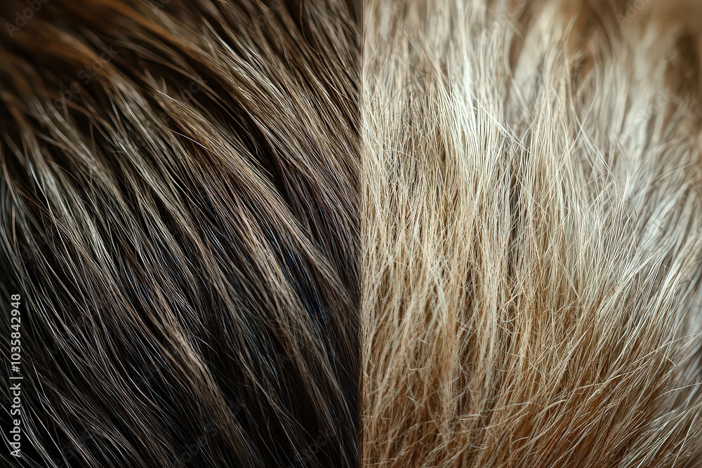 Close-up comparison of two hair textures, one dark and one light ...