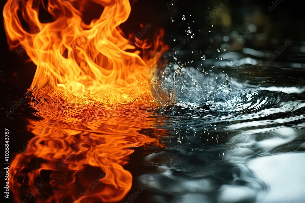 Striking image of fire and water clashing, with flames meeting rippling ...