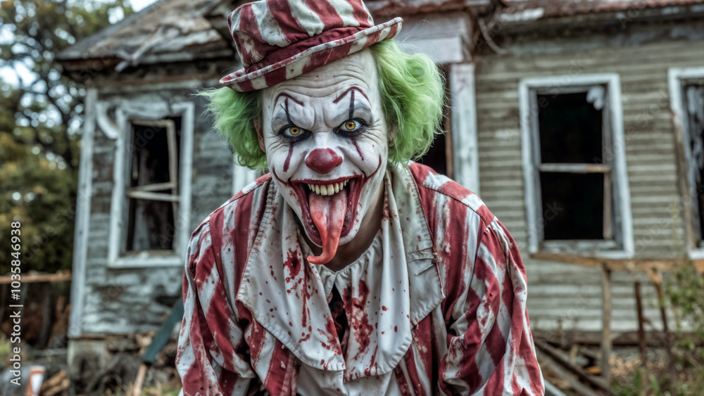 Horrifying clown with bloodstained striped costume in front of ...