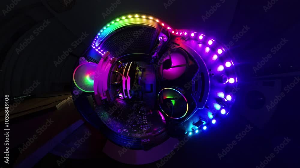 A top-down view from inside a gaming PC with a "Tiny Planet" effect ...