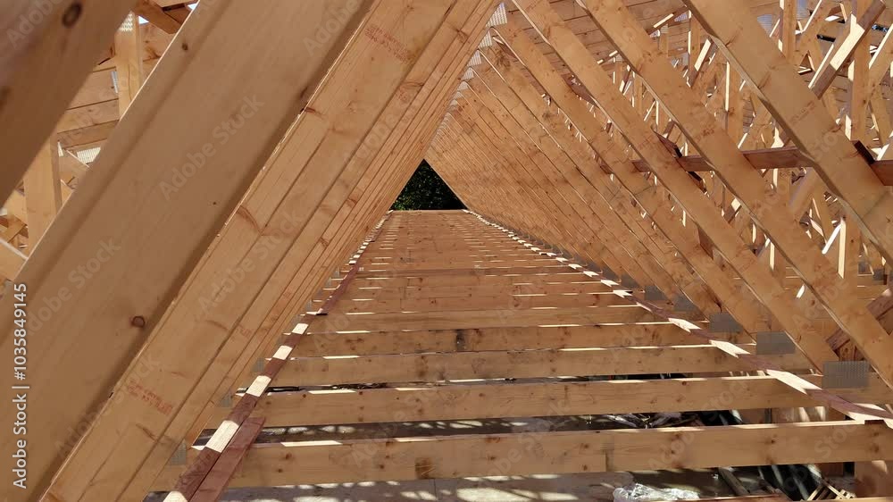 Symmetrical arrangement of wooden roof trusses on a construction site ...