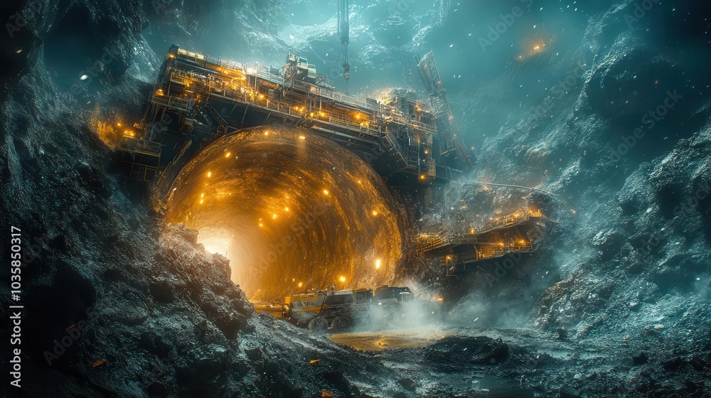 tunnel drilling deep into rugged earth illuminated by bright ...
