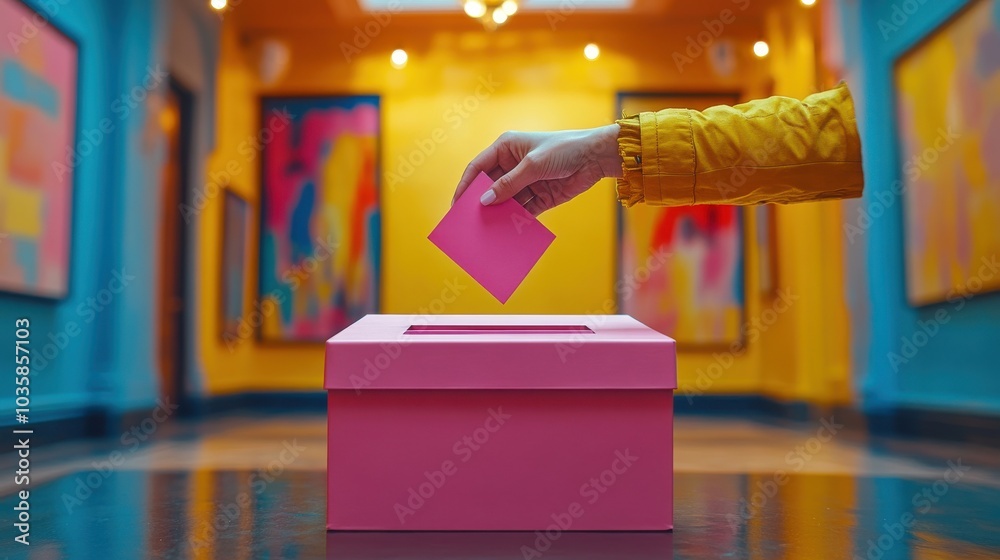 Person in a yellow jacket casts a vote into a bright pink ballot box in ...