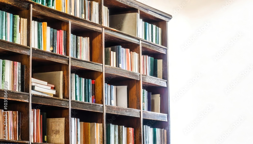 Old wooden book shelf bookshelf with tattered worn hard cover reading ...