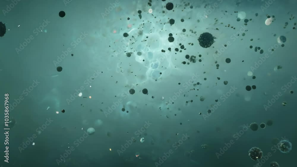 Cellular particles float in a greenish, dim environment as the camera ...