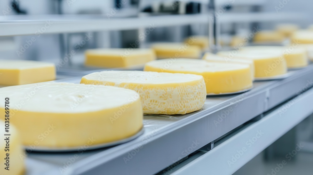 A modern dairy processing plant producing milk and cheese with ...