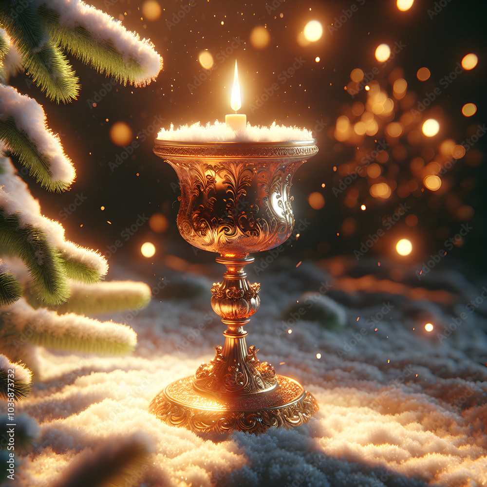 A golden candlestick with a red candle lit on a snowy ground. The ...