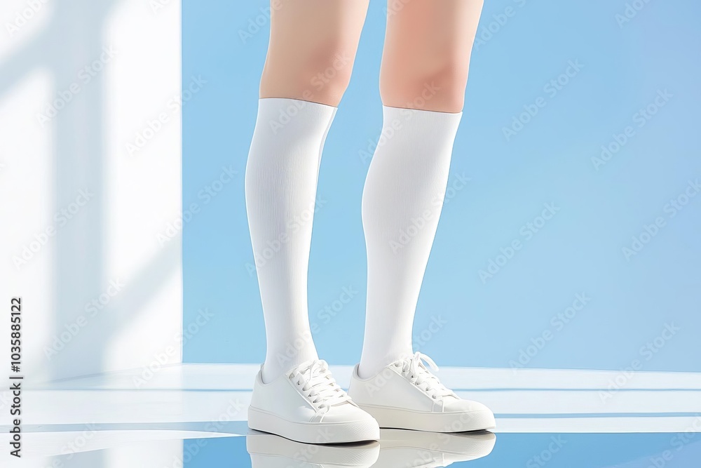 Women s legs in blank knee-high socks, standing on a reflective surface ...