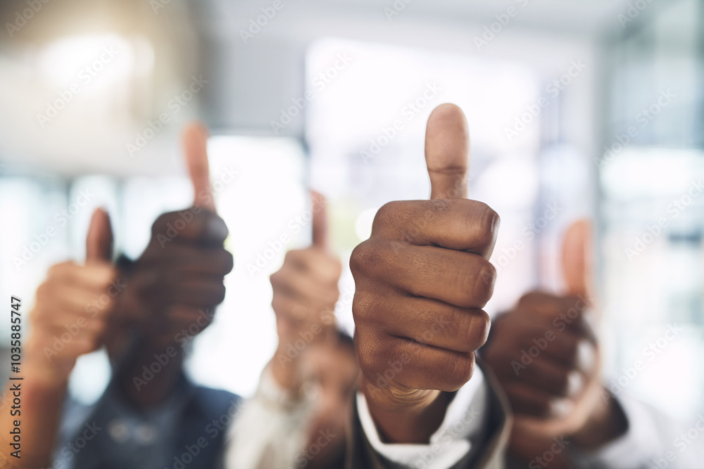 Business people, hands and thumbs up in office for good job ...