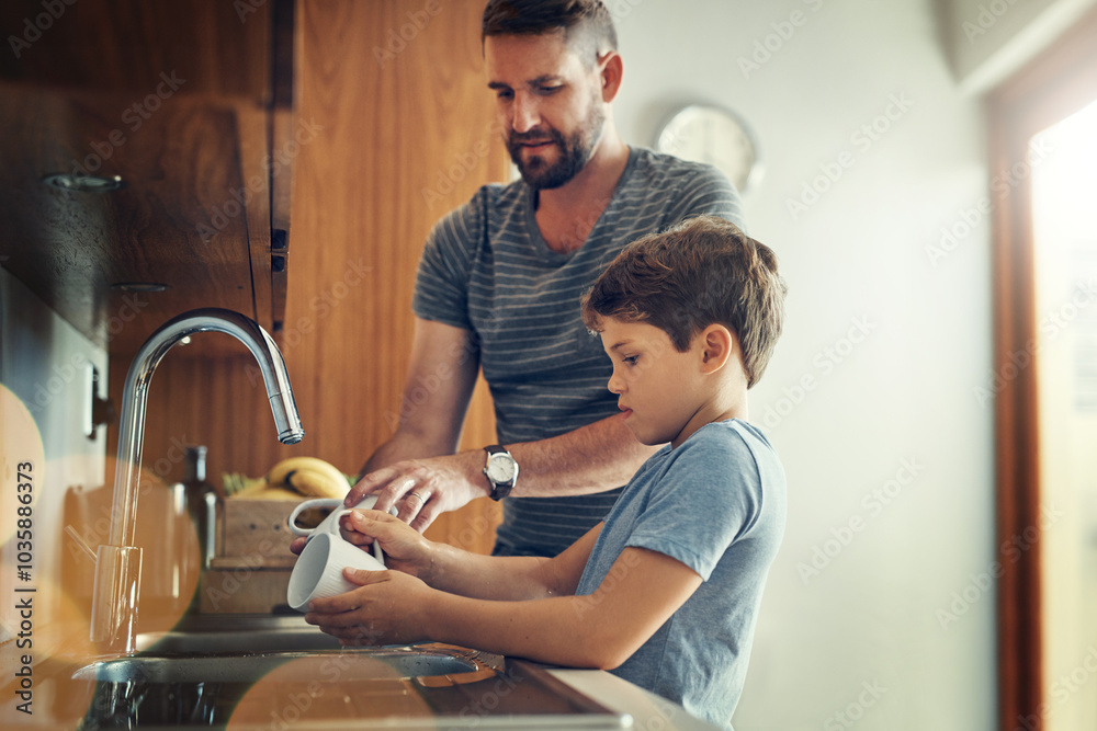 Family, washing dishes and cleaning with father, boy and equipment with ...