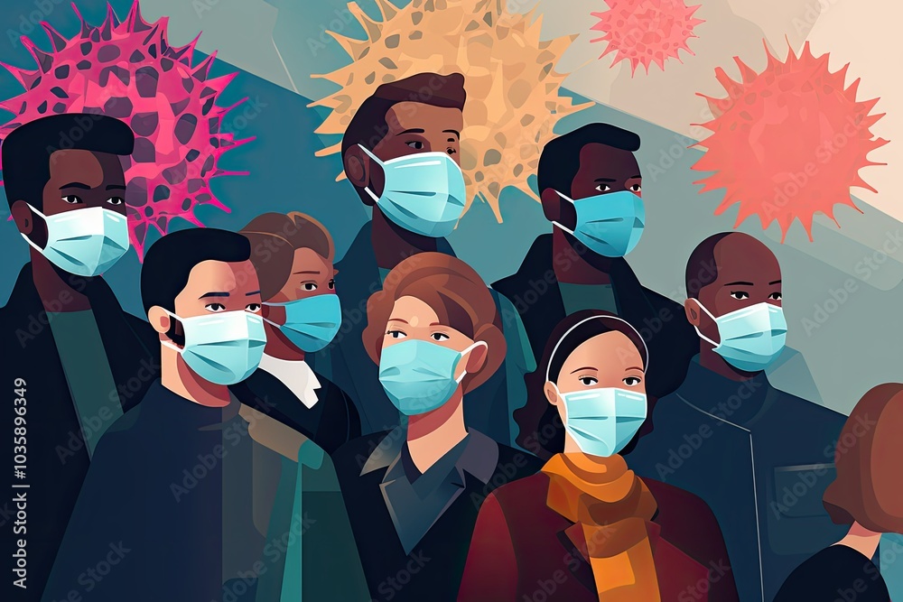 Diverse group of individuals wearing blue masks stands together ...