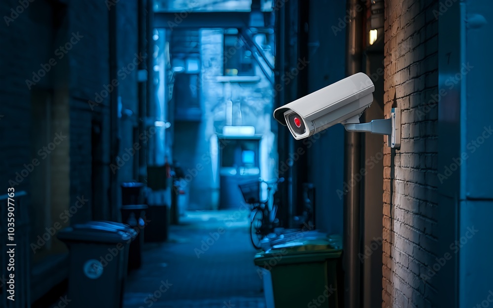 Security camera in dark alley. Surveillance and safety Stock Photo ...