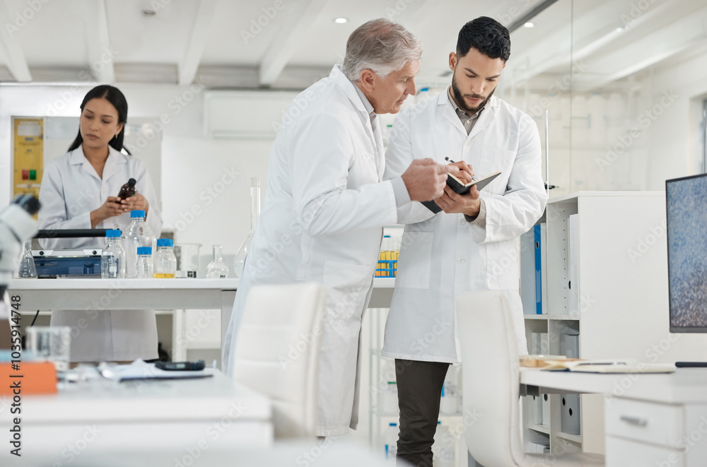 Scientist, men and writing in notebook in lab for disease experiment ...