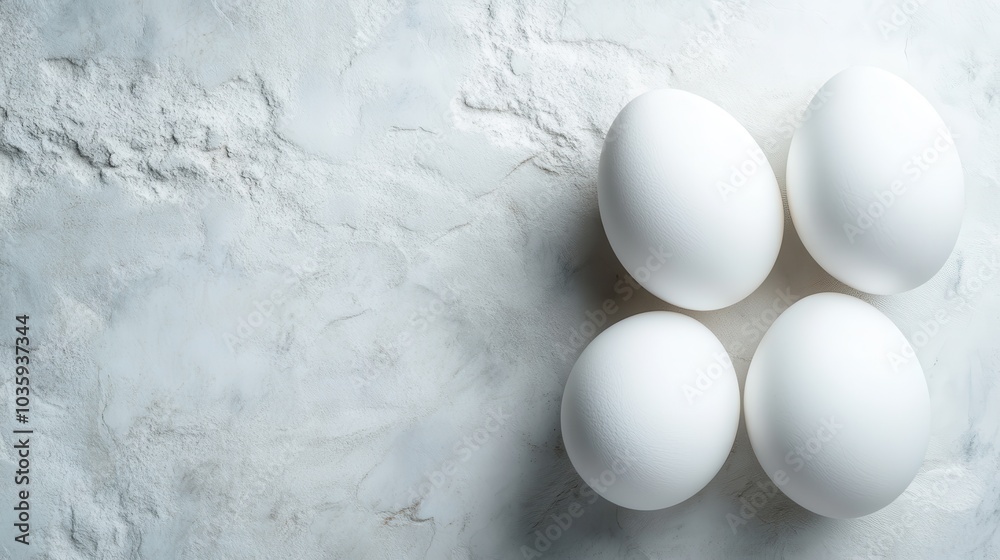 A set of four white eggs is arranged on a textured stone surface. The ...