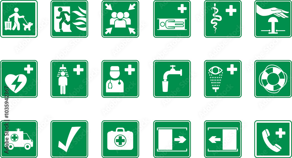 Green Safety and First Aid Signs. Vector Icons Fire Exit, Medical ...