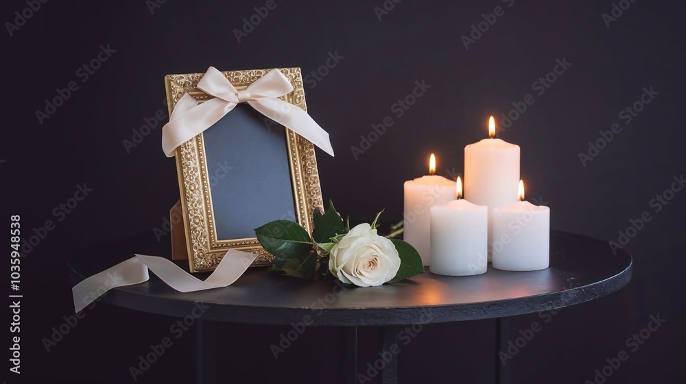 Funeral photo frame with ribbon, white rose and candles on a dark table ...