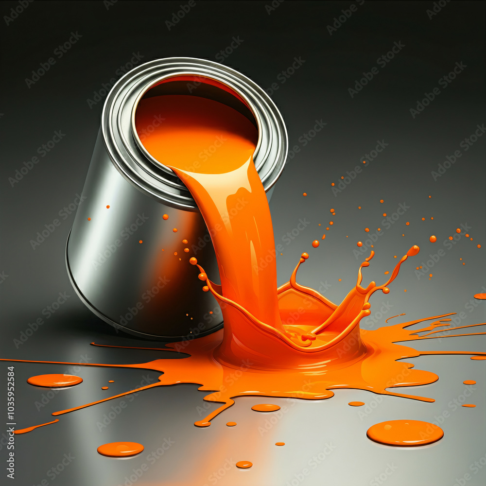 A silver can tipping over, pouring bright orange paint, creating a ...