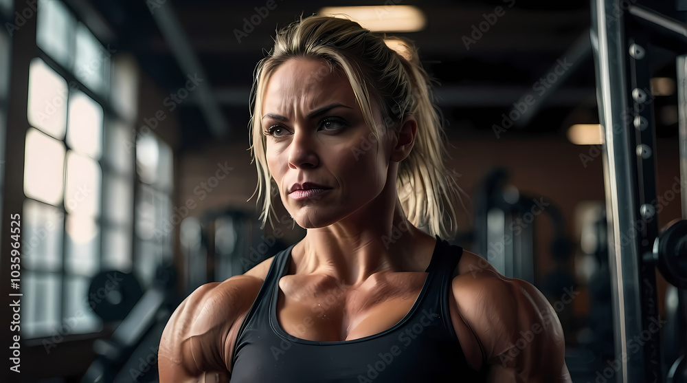 Strong Blonde Female Bodybuilder Flexing And Posing Muscles at the Gym ...