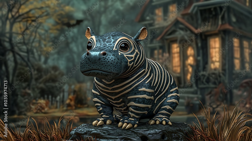3D illustration of a cute baby pygmy hippo with skeleton patterns ...