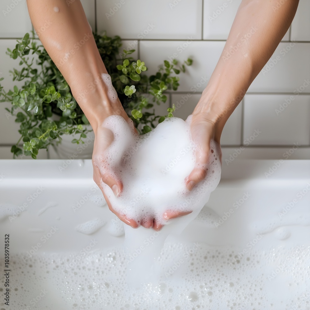 Washing hands with foam under the tap in the bathroom. Bathroom ...
