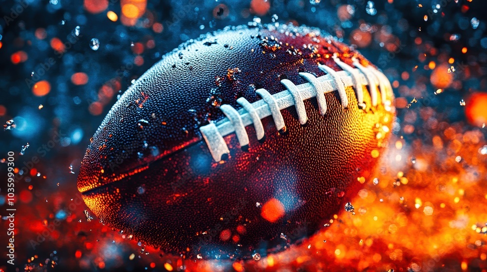 American football flying through fire and water splashes Stock ...