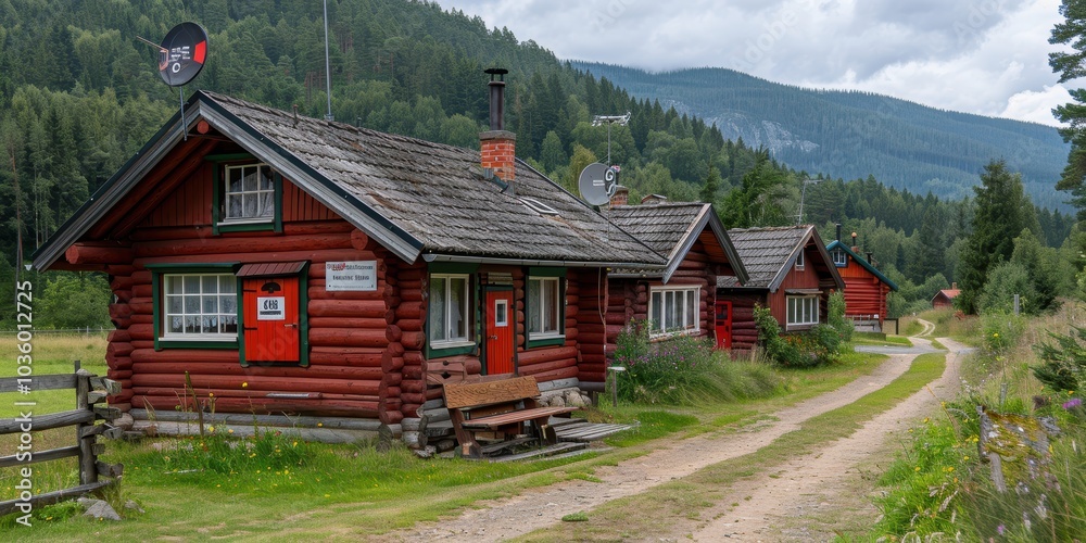 Charming cluster of rustic red log cabins nestled in lush green forest ...