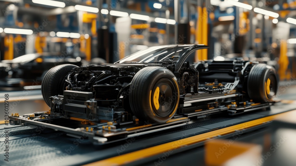 An automotive assembly line showing the process of car manufacturing ...