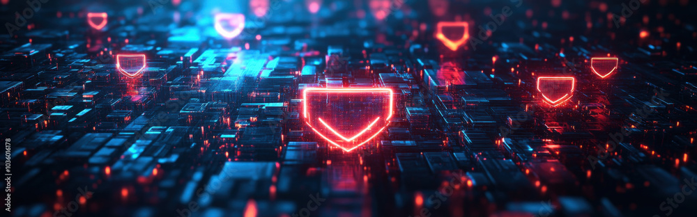 AI cyber defense system, visualized as glowing digital shields ...