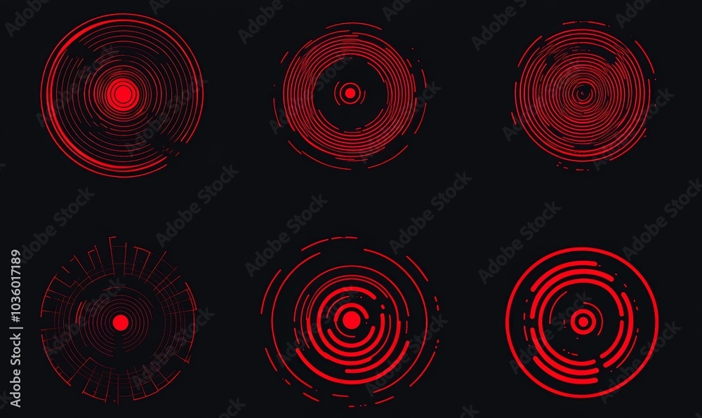 Red concentric circle set. Radial sonar or sound wave ring collection ...