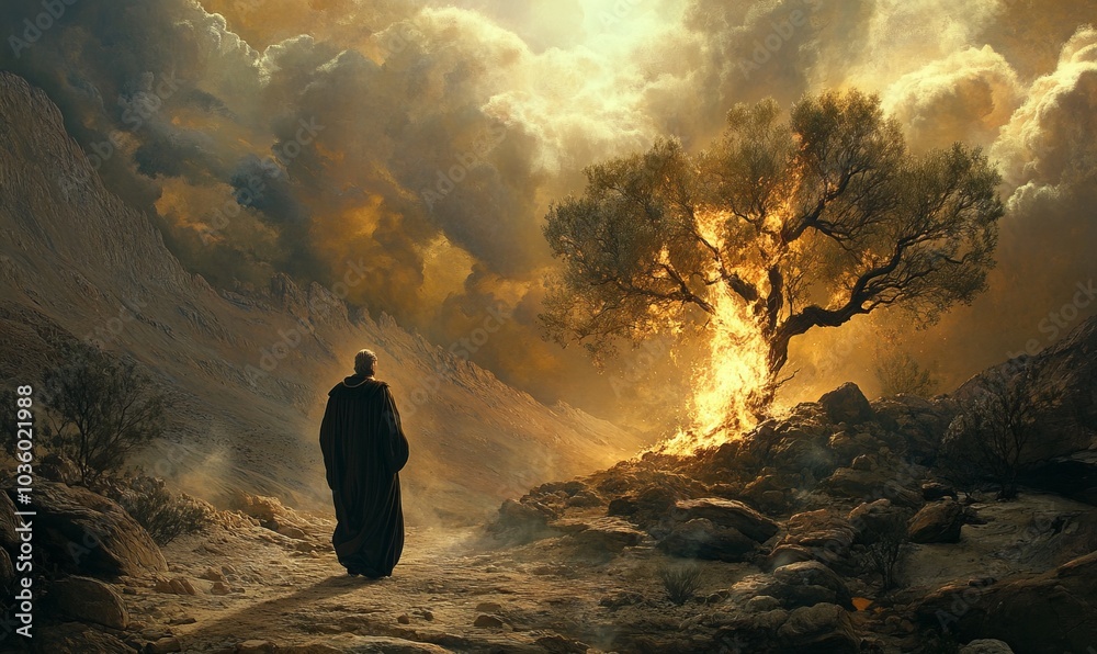Moses stands in awe as the burning bush ignites against the rugged ...