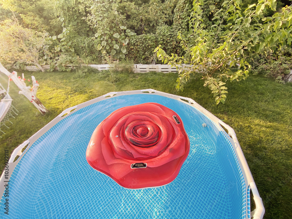 Frame pool with clear water for swimming in the garden in sunlight ...