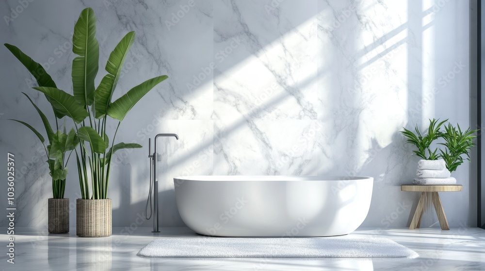 A serene, modern bathroom oasis featuring a freestanding tub alongside ...