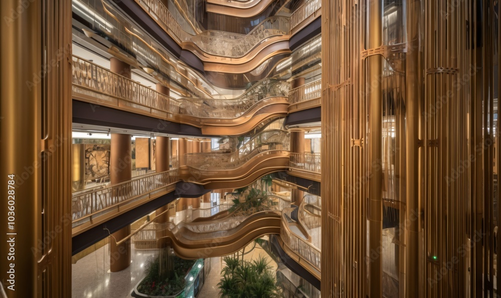 Luxurious modern atrium with golden architectural design and elegant ...